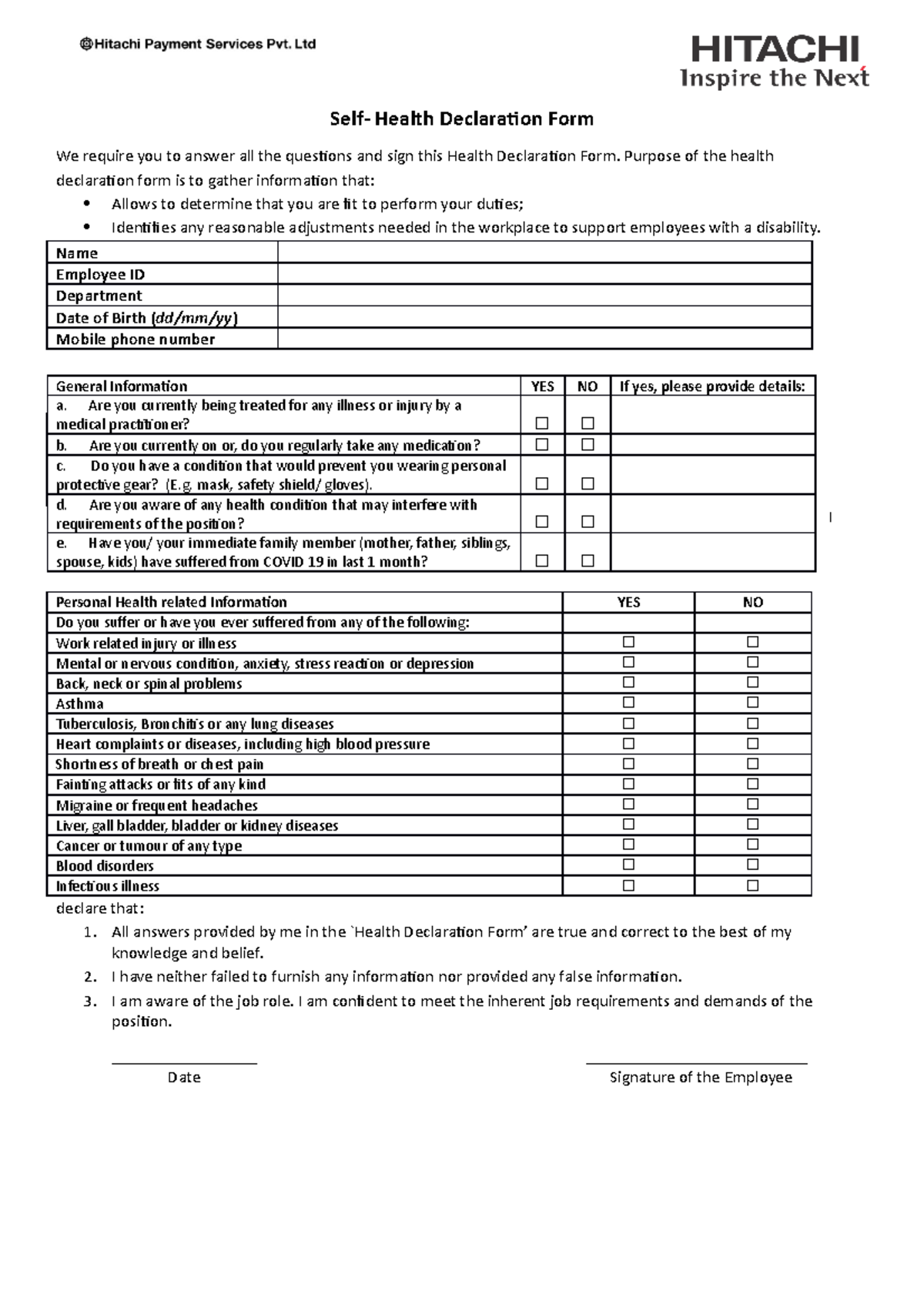 16 Health Declaration Form Oct'20 - Self- Health Declaration Form We ...