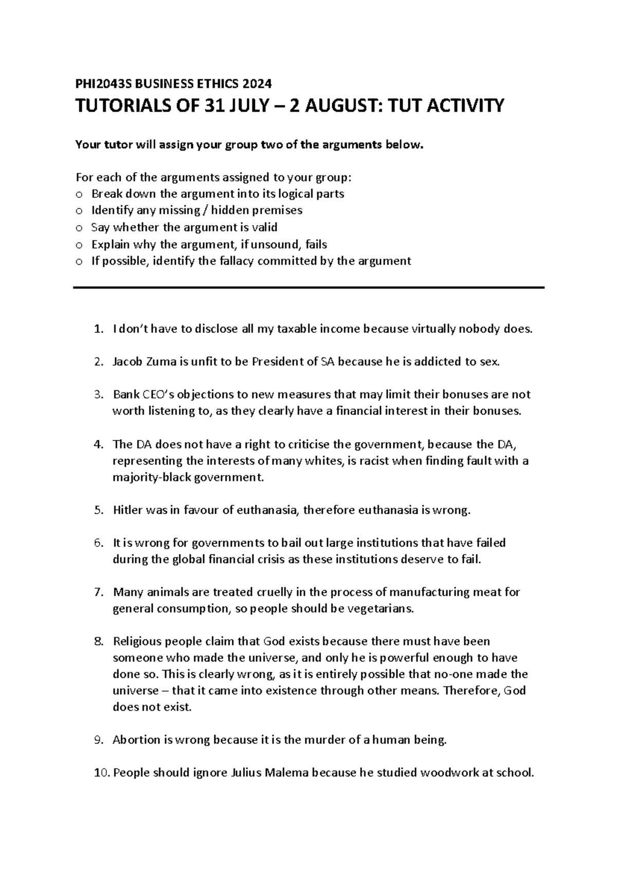 PHI2043S 2024 Tutorial Activity 1 - PHI2043S BUSINESS ETHICS 2024 TUTORIALS OF 3 1 JULY – 2 ...