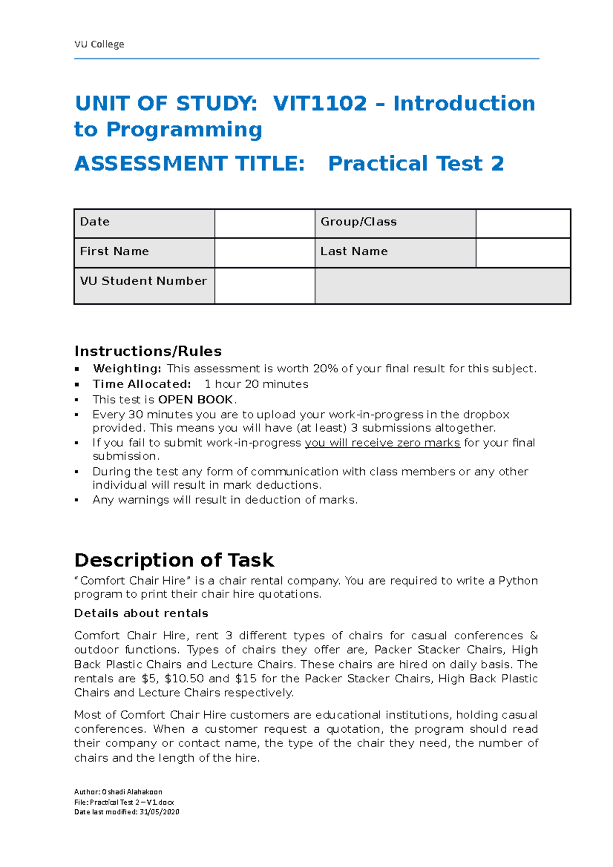 Practical Test 2 - Time Allocated: 1 hour 20 minutes This test is OPEN ...