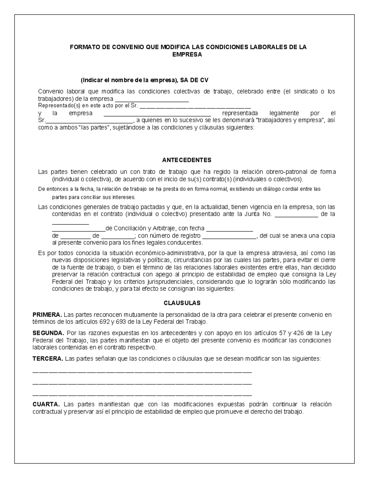 05- Formato DE Convenio QUE Modifica LAS Condiciones Laborales DE LA ...