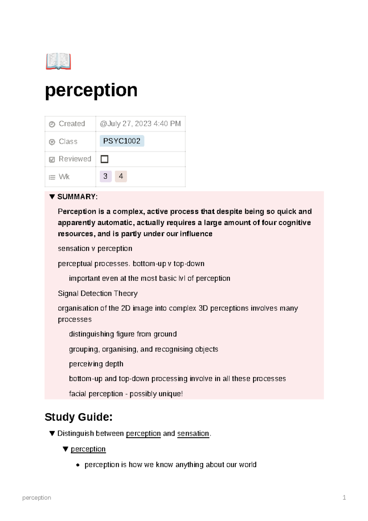 Perception (wk3-4) - Ä perception Created Class PSYC Reviewed Wk 3 4 ...