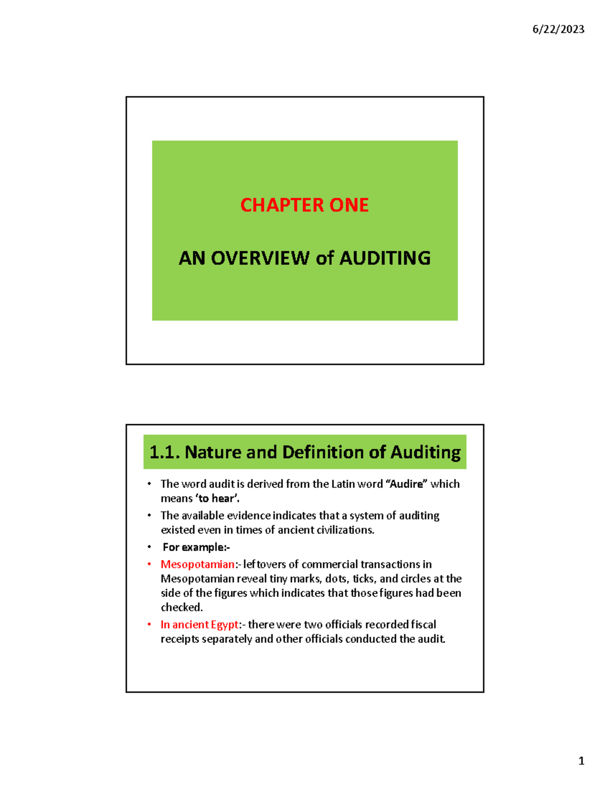 Chapter I Audit I - CHAPTER ONE AN OVERVIEW of AUDITING 1. Nature and Definition of Auditing ...