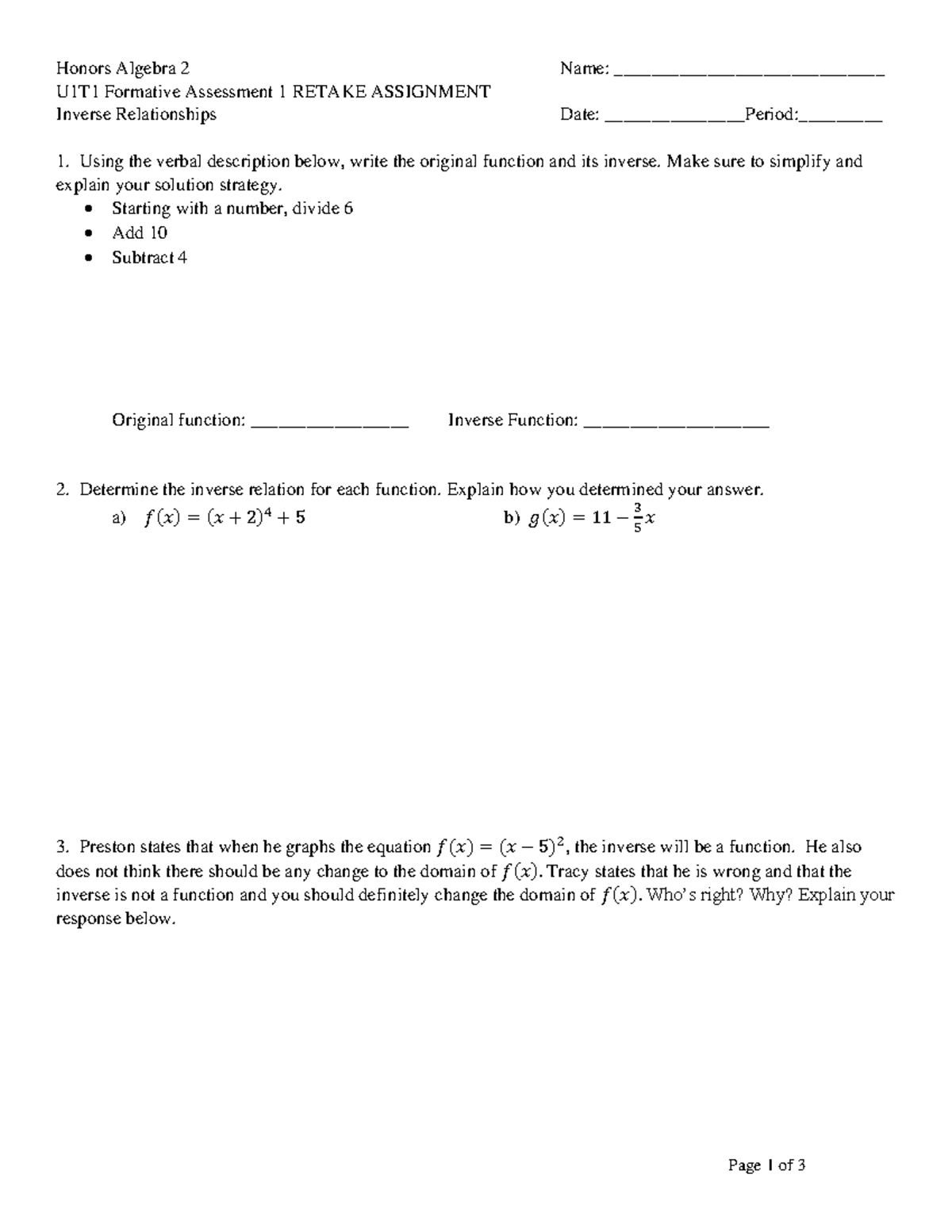 1.1 Formative Assessment - Reteach Assignment 2021 - Page 1 of 3 Honors ...