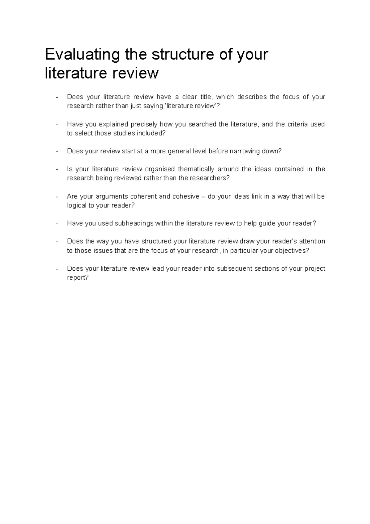 Evaluating the structure of your literature review - Evaluating the ...