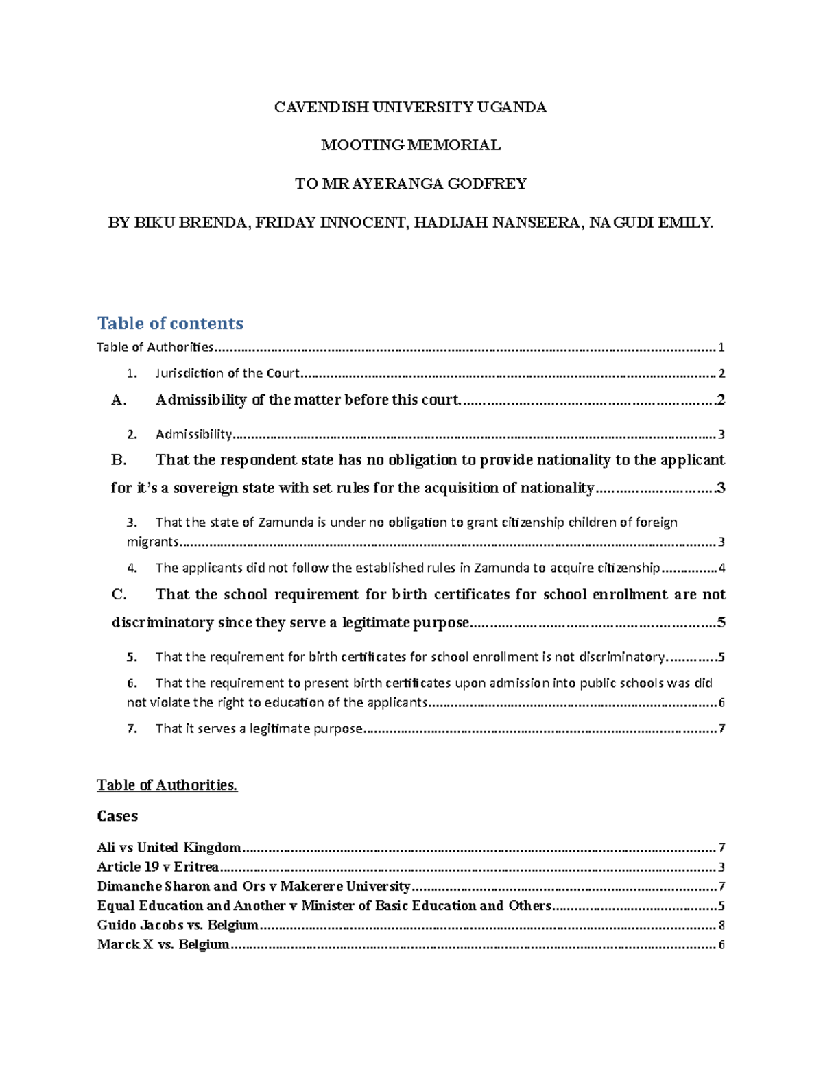 MOOT Court Memorial BY Friday, BIKU, Emily, - CAVENDISH UNIVERSITY ...