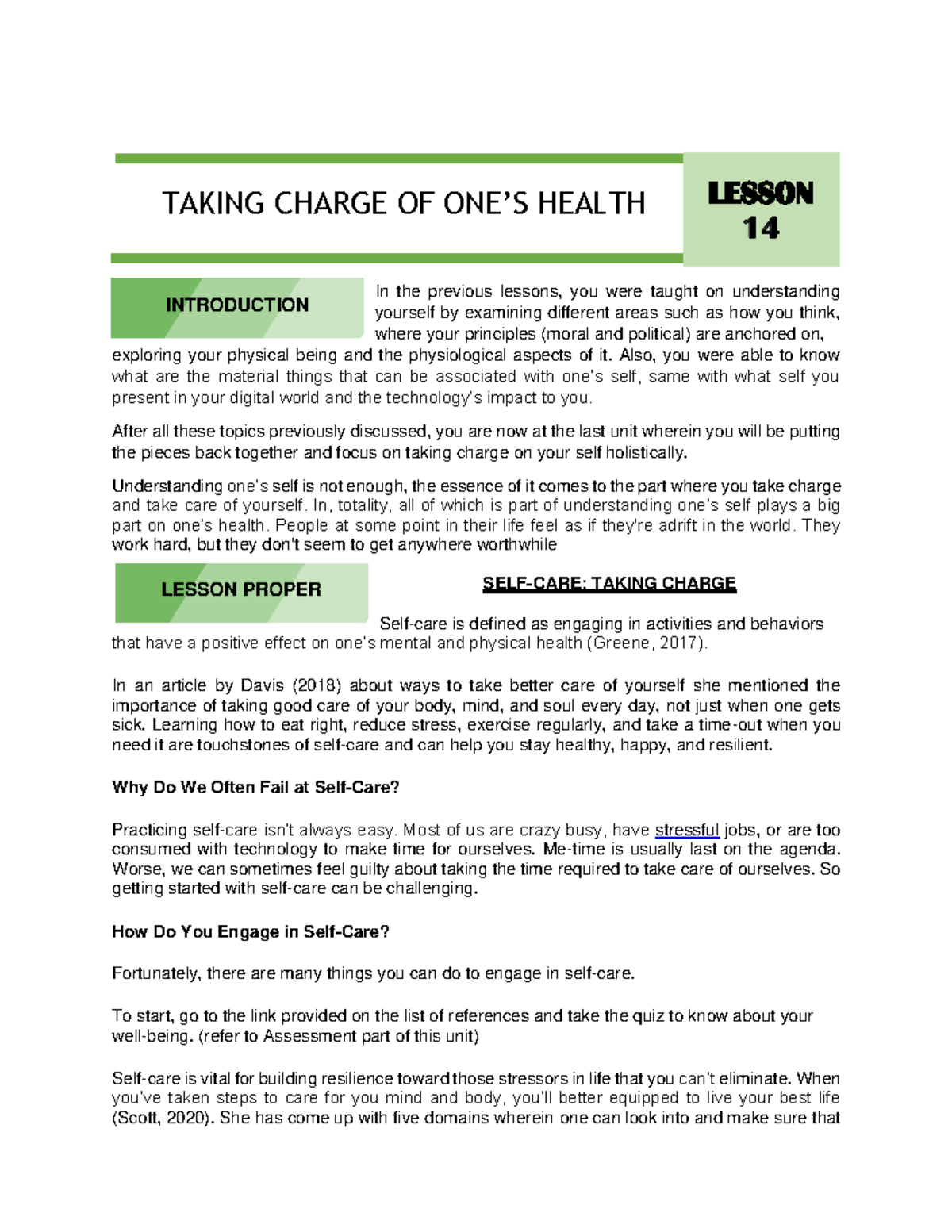 Taking Charge OF ONE'S Health - LESSON PROPER In the previous lessons ...
