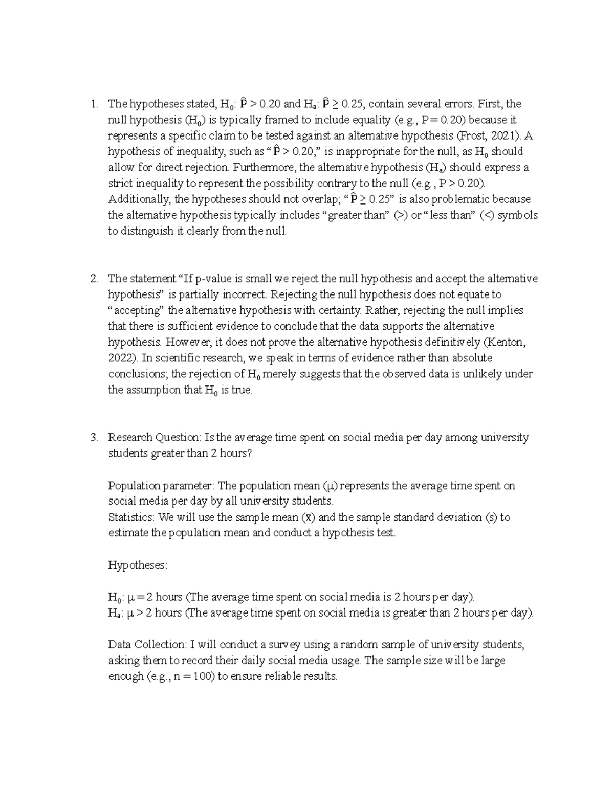 D.A Unit 2 MATH 1281 - Assignment Will help you to do your own. - The hypotheses stated, H :₀ P ...