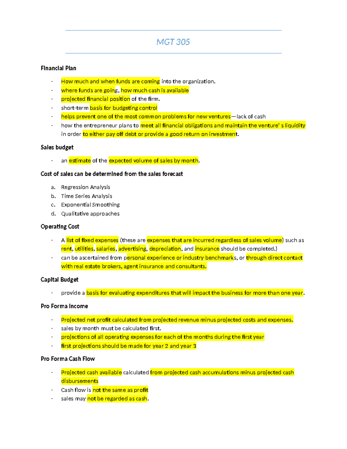 Financial Plan - MGT 305 Financial Plan - How much and when funds are ...
