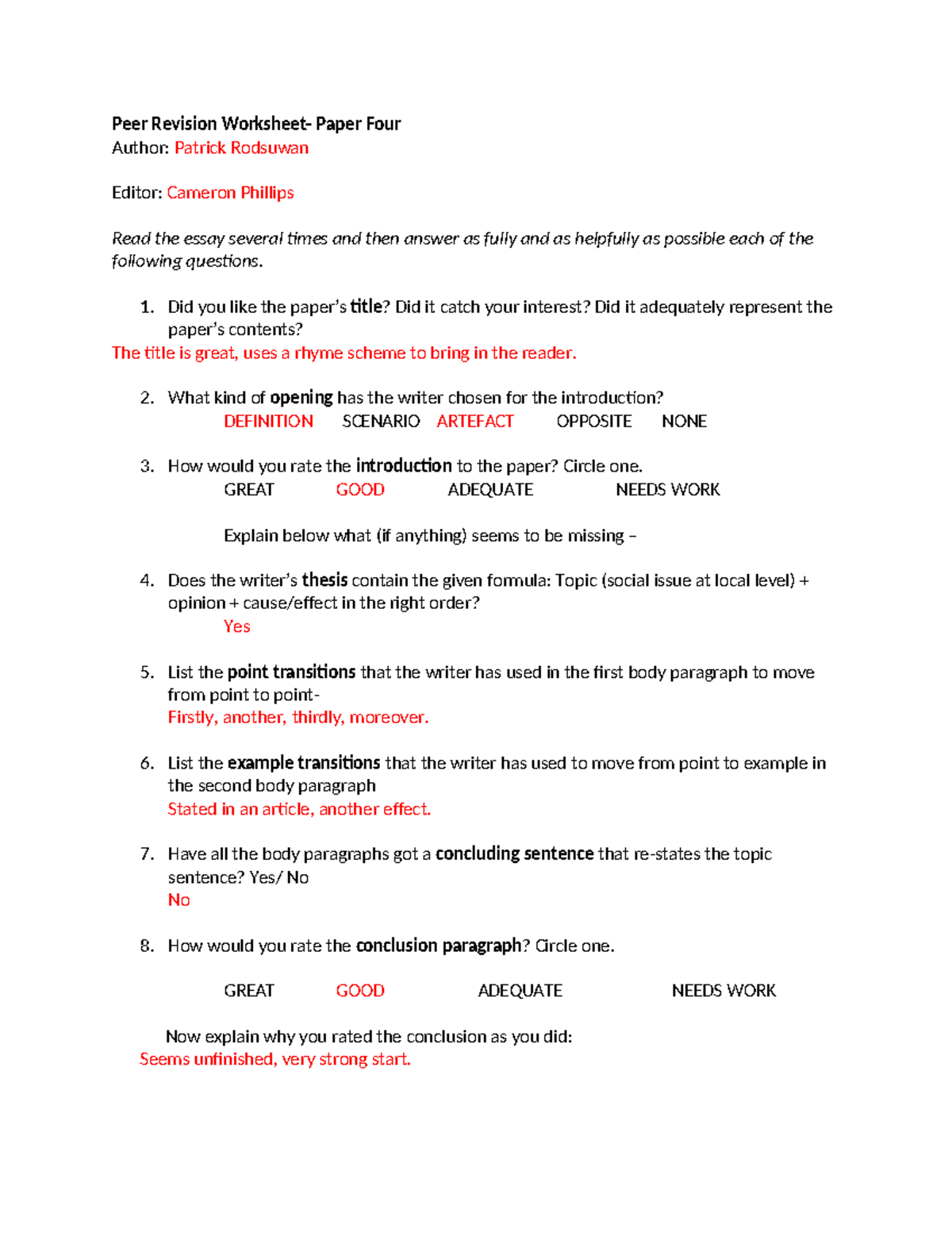Peer Evaluation Worksheet for Cause Effect Essay-4 - Peer Revision ...