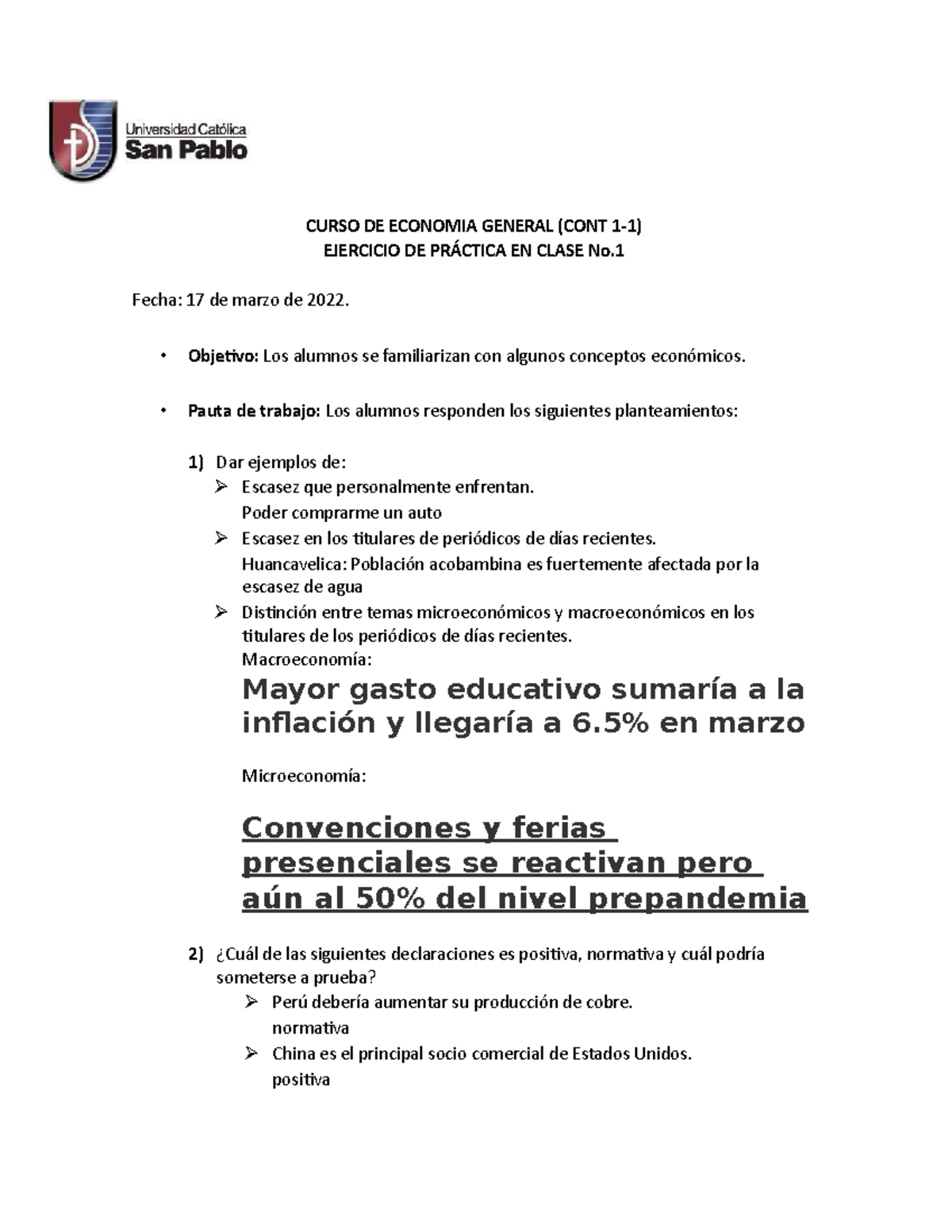 Ejercicio de práctica en clase 1 - CURSO DE ECONOMIA GENERAL (CONT 1-1 ...