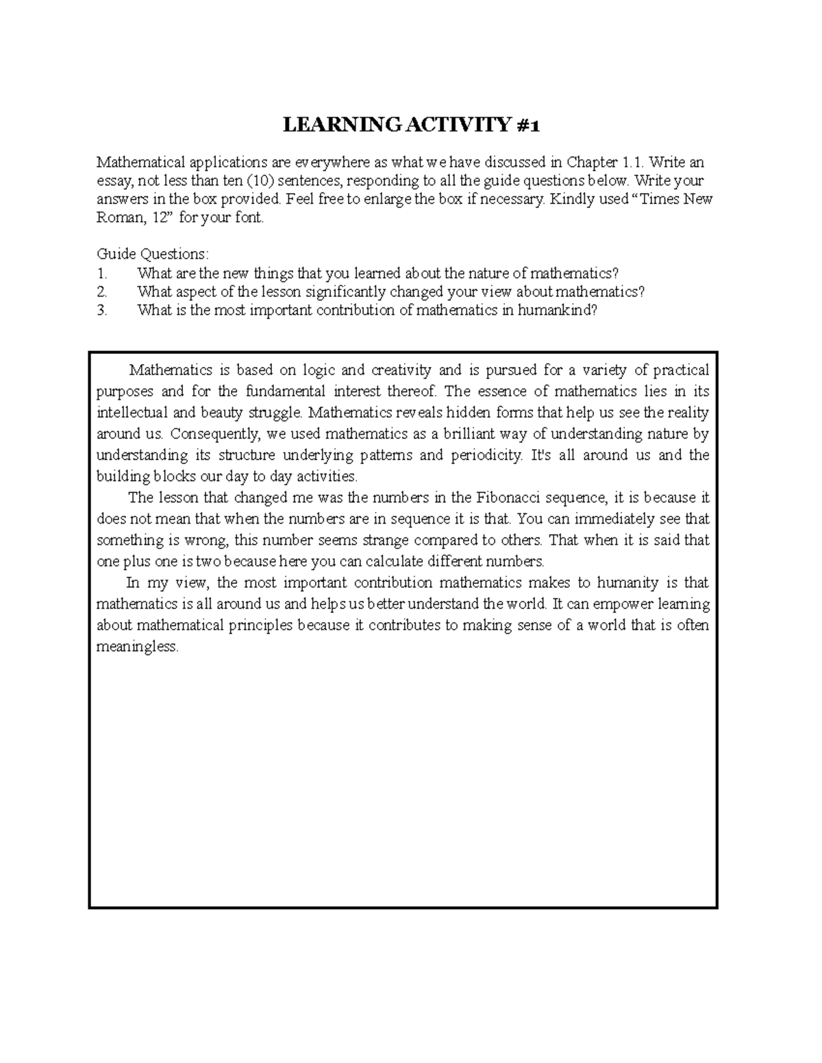 Learning Activity #1 - LEARNING ACTIVITY Mathematical applications are ...