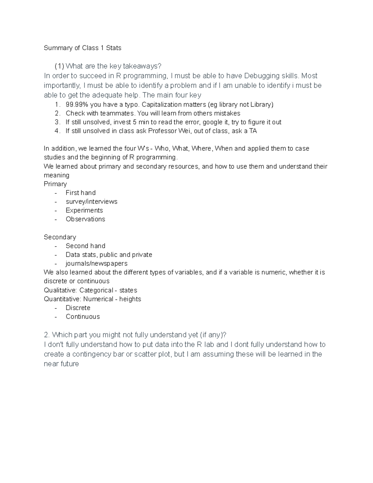 Summary of Class 1 Stats - Summary of Class 1 Stats (1) What are the ...