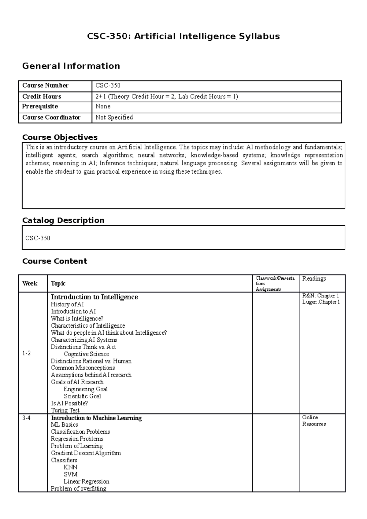 CS-350 Artificial Intelligence BSCS-VI (AB) ABET - CSC-350: Artificial ...