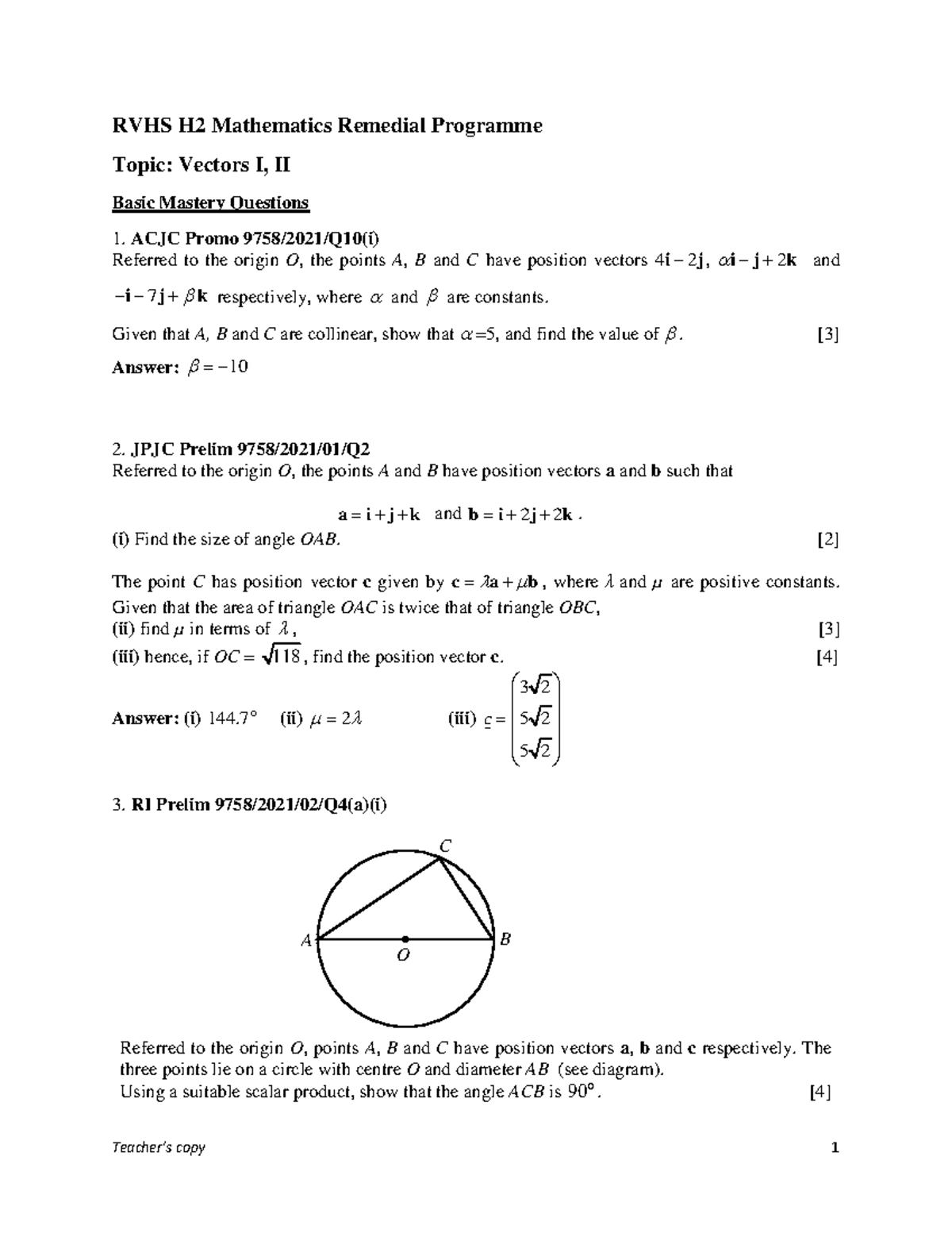H2MA Remedial Vectors I, II (RVHS) - Teacher’s copy 1 RVHS H2 ...