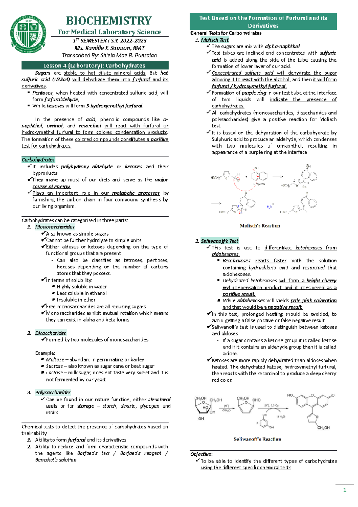 Laboratory Lesson 4 Carbohydrates - BIOCHEMISTRY For Medical Laboratory ...