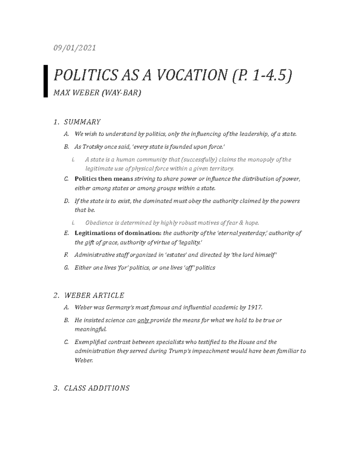 Weber reading notes - 09/01/ POLITICS AS A VOCATION (P. 1-4) MAX WEBER ...