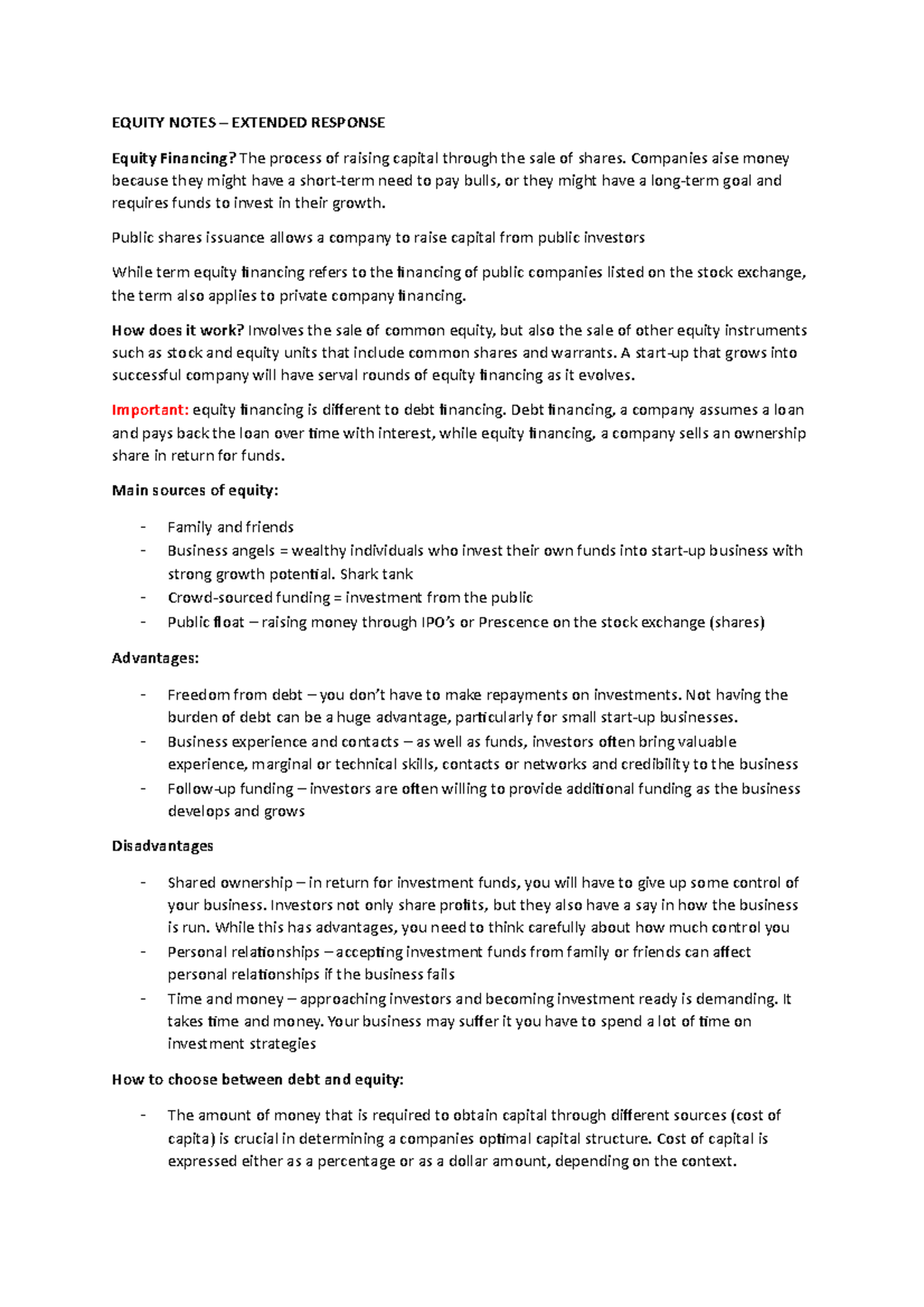 Equity Notes - Chapter 8 - BFF1001 - Monash - Studocu