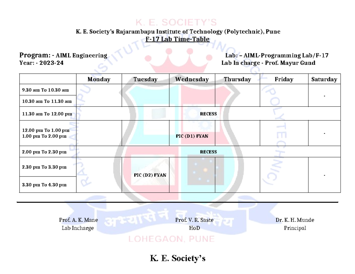 ML-1 Lab Timetable - K. E. Society’s Rajarambapu Institute of ...
