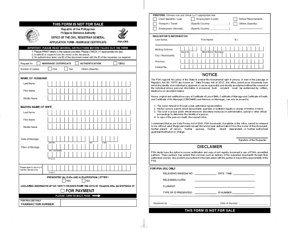 Marriage Application Form - NOTICE DISCLAIMER The PSA supports the ...