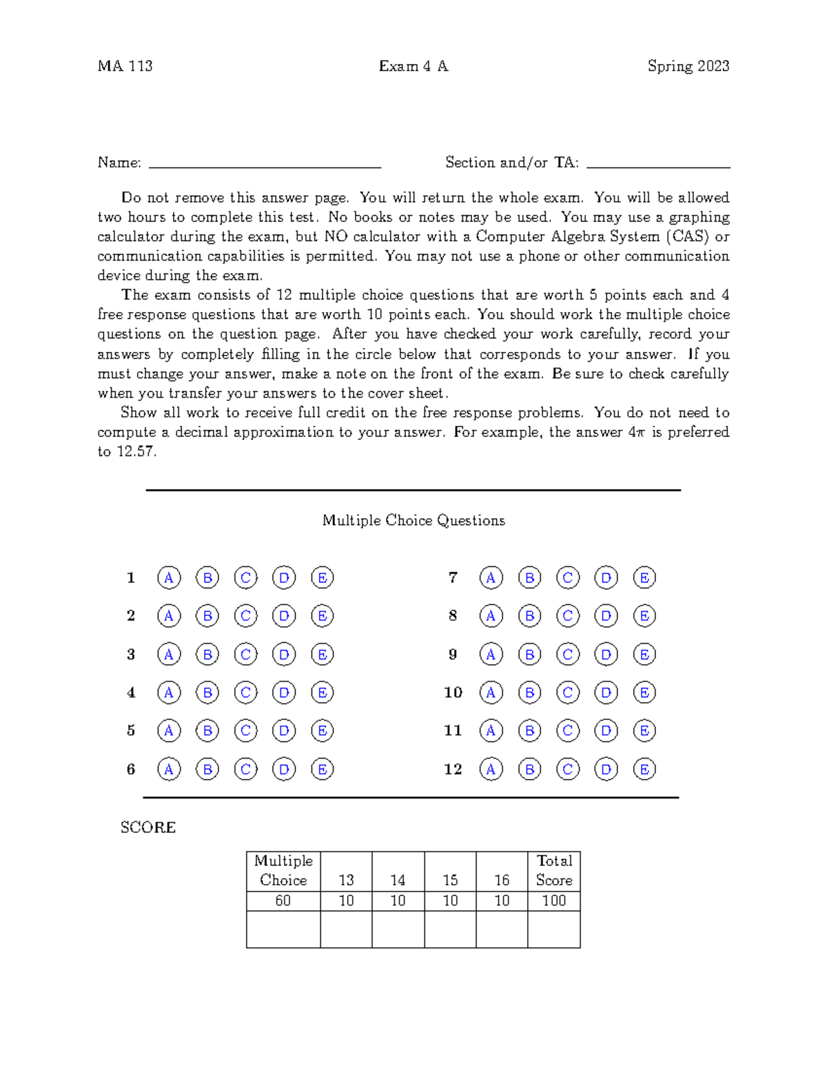 Final practice 1 - MA 113 Exam 4 A Spring 2023 Name: Section and/or TA ...