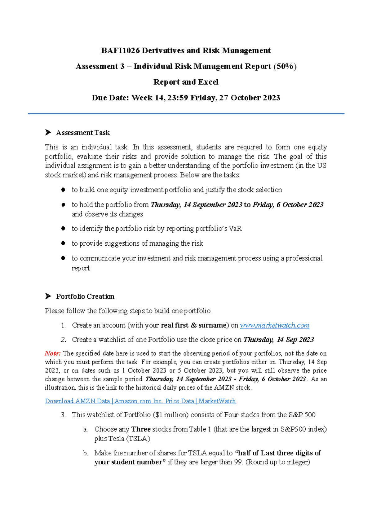 Assessment 3 - BAFI1026 Derivatives and Risk Management - BAFI1026 Derivatives and Risk ...