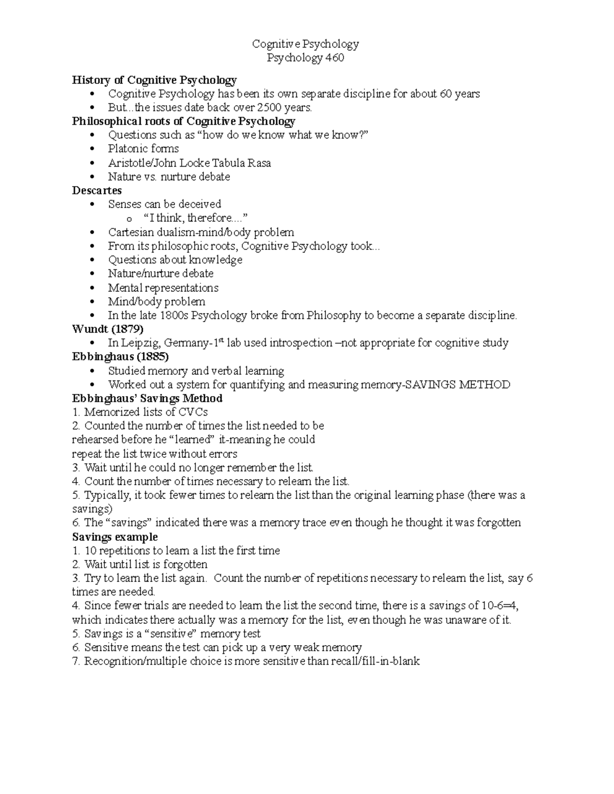 Cognitive Psychology Notes - Psychology 460 History of Cognitive ...
