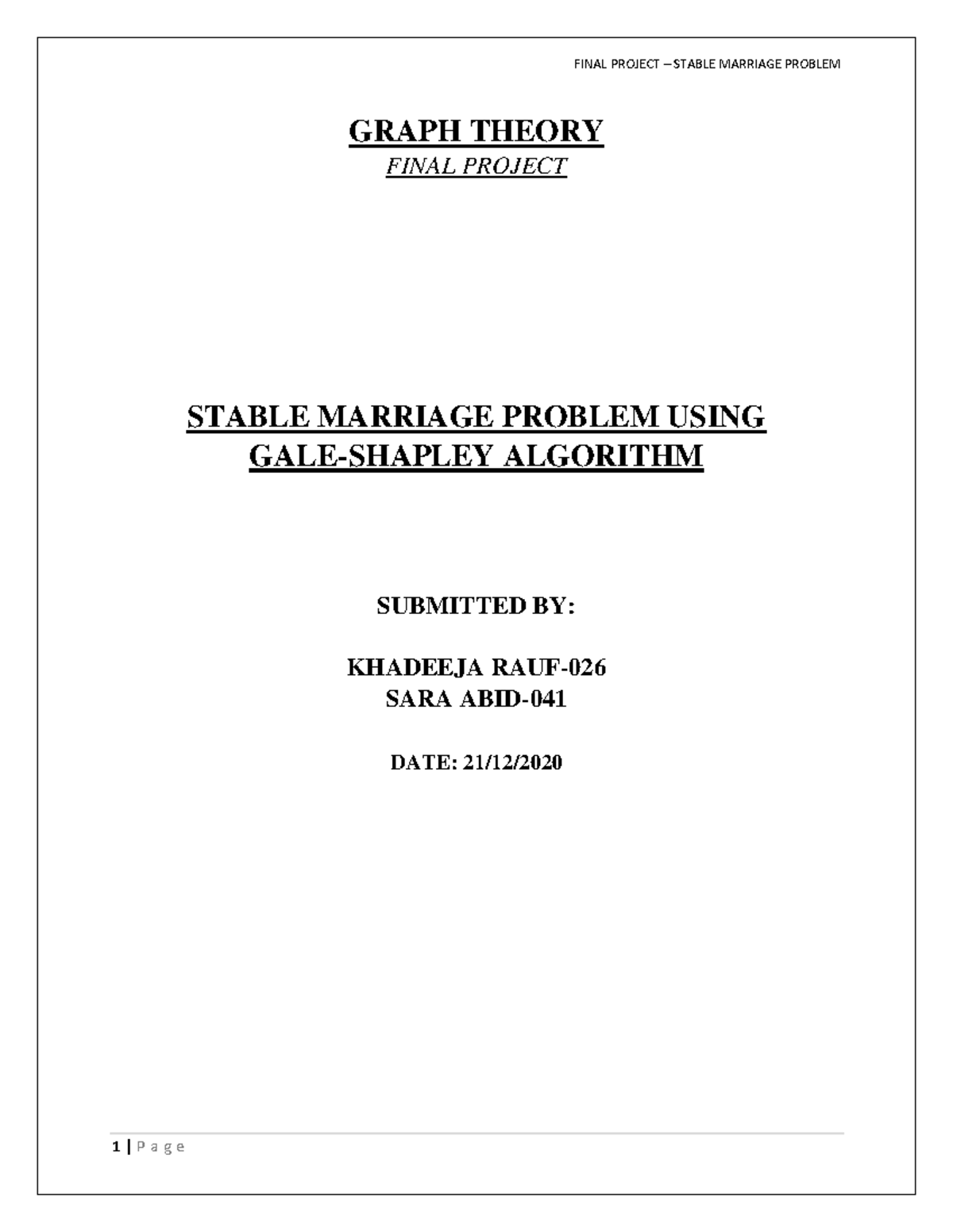 Graph Theory - GRAPH THEORY FINAL PROJECT STABLE MARRIAGE PROBLEM USING ...