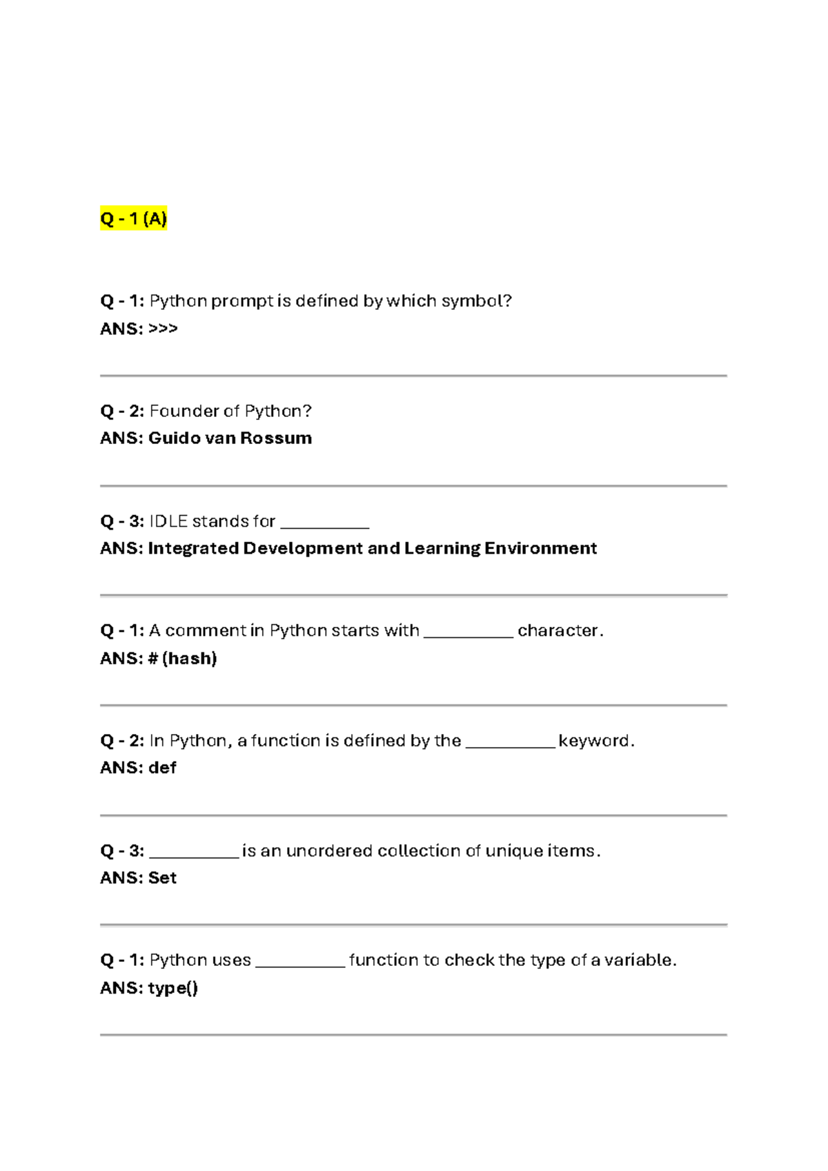 1 - Mark Python - Assignment questions - Q - 1 (A) Q - 1: Python prompt ...
