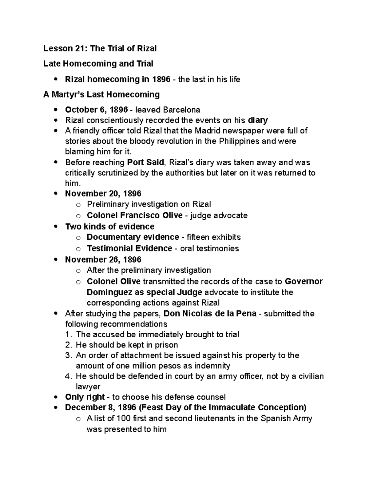 HIS 007 Lesson 21 - Lesson 21: The Trial of Rizal Late Homecoming and ...