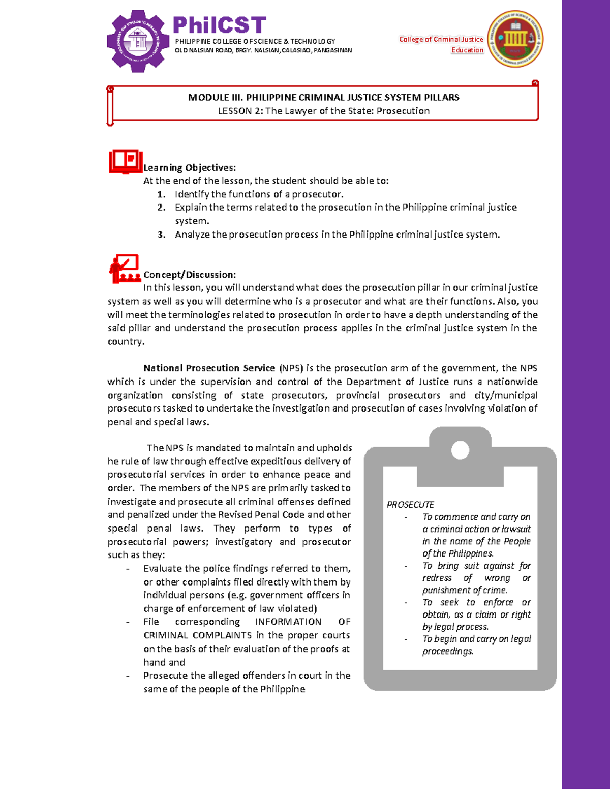 CLJ1A Module 3 Lesson 2 - hehe - PHILIPPINE COLLEGE OF SCIENCE & TECHNOLOGY OLD NALSIAN ROAD ...
