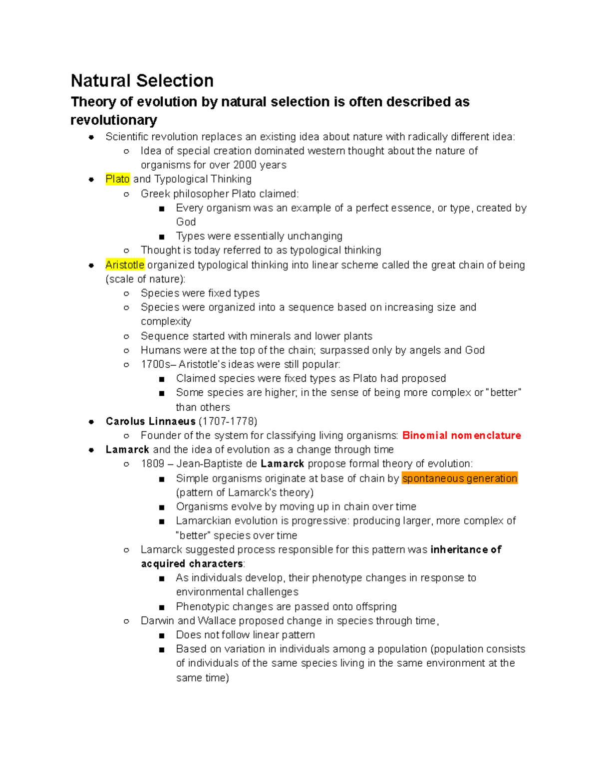 Bio II lecture Notes - Natural Selection Theory of evolution by natural ...