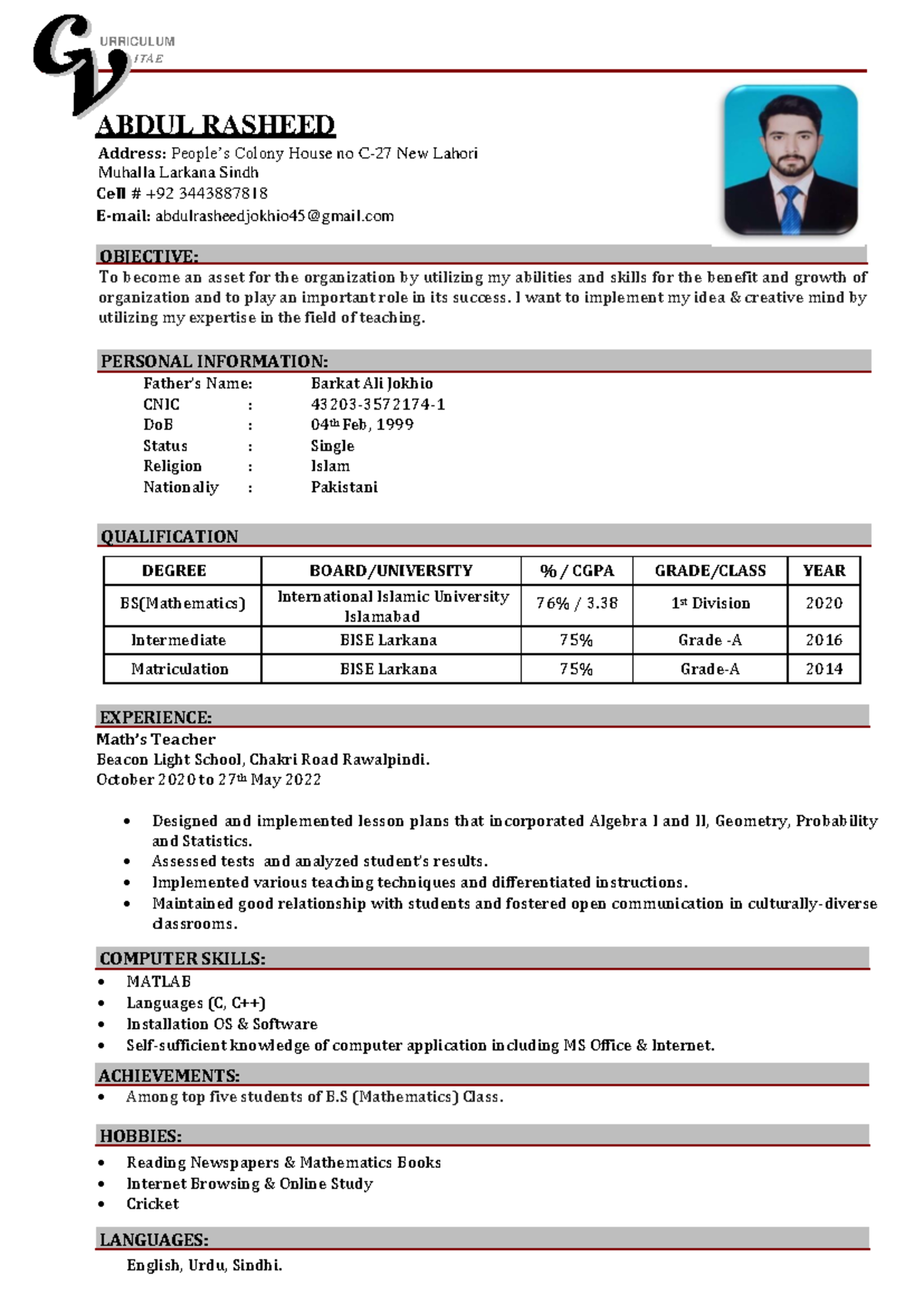 CV Abdul Rasheed N Lrk - PERSONAL INFORMATION: QUALIFICATION ACHIEVEMENTS: To become an asset ...