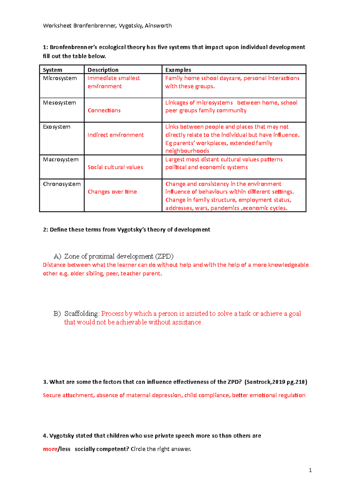 Nursing Theorists - Worksheet Bronfenbrenner, Vygotsky, Ainsworth 1 ...