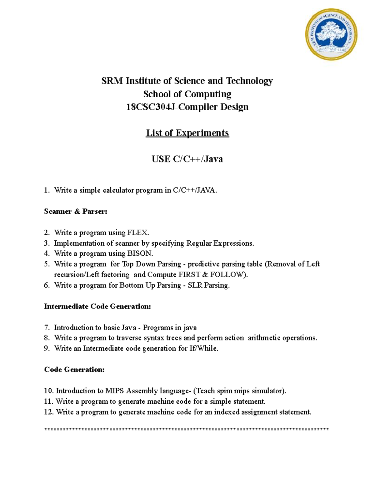 CD LAB EXP LIST - SRM Institute of Science and Technology School of ...