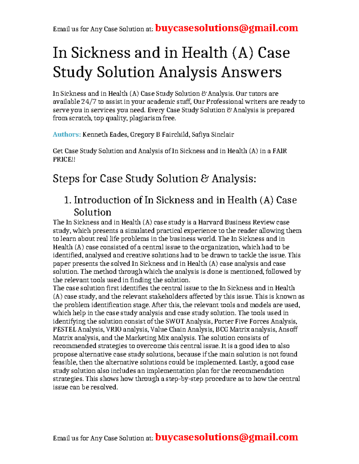 In Sickness and in Health (A) Case Study Solution Analysis - Our tutors ...