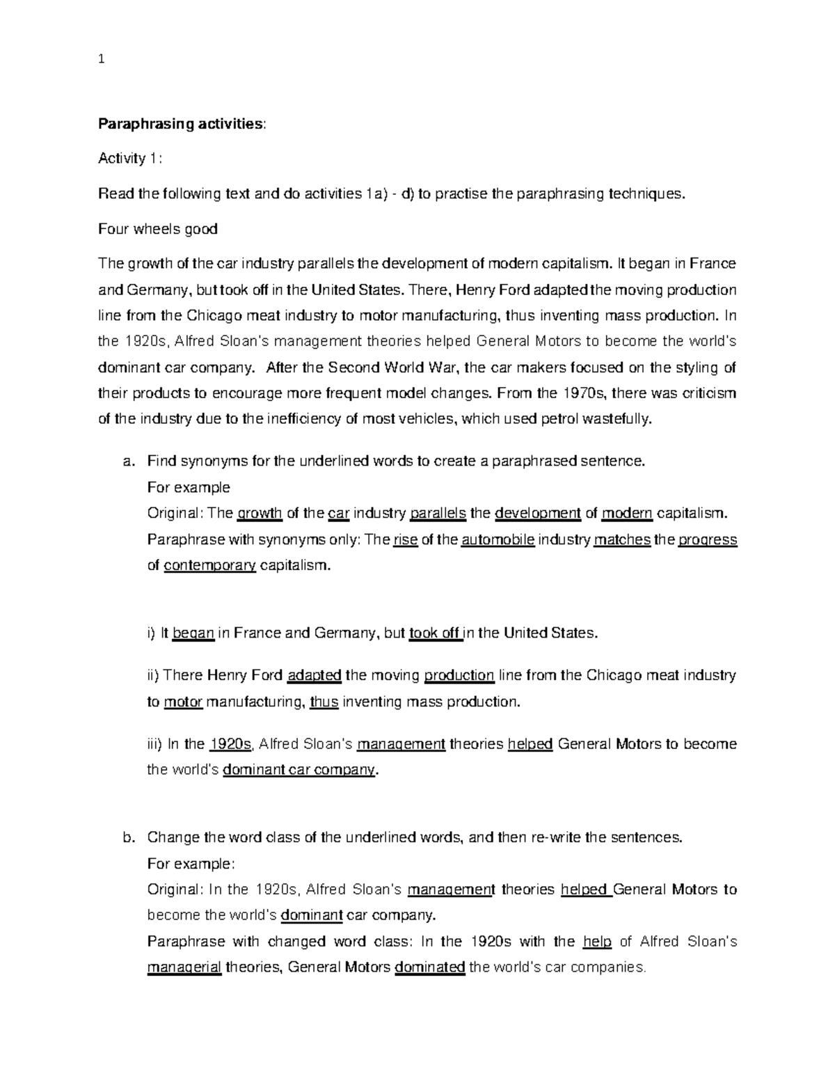 Paraphrase activity - 1 Paraphrasing activities: Activity 1: Read the following text and do ...