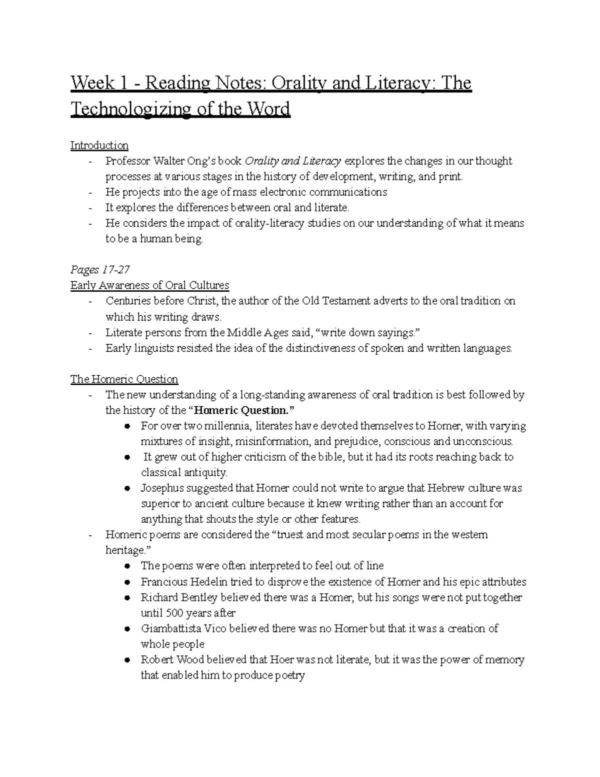 English 25 Week 1 Reading Notes - Orality and Literacy - Week 1 ...