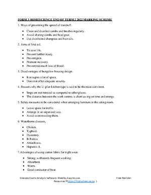 441 Homescience Form 3 End Term 1 Exam Questions-1 - - Studocu