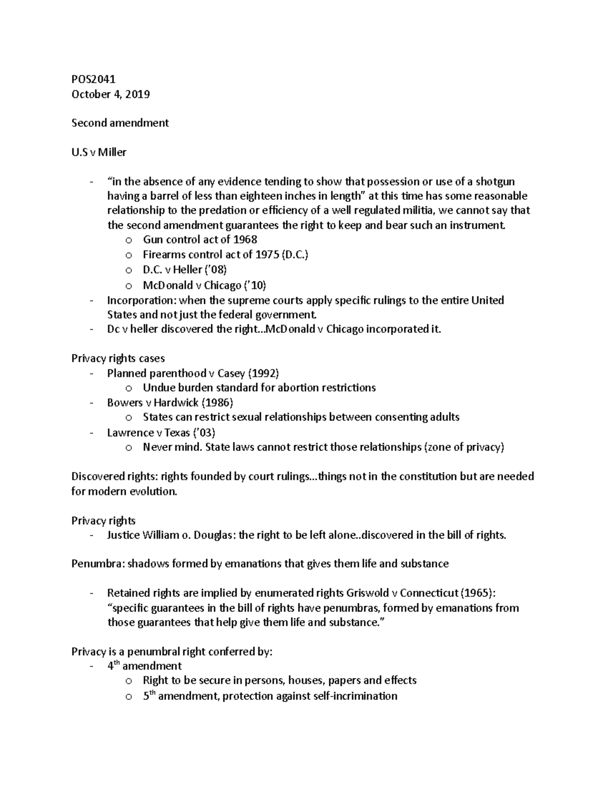 POS2041 notes 04OCT - POS October 4, 2019 Second amendment U v Miller ...
