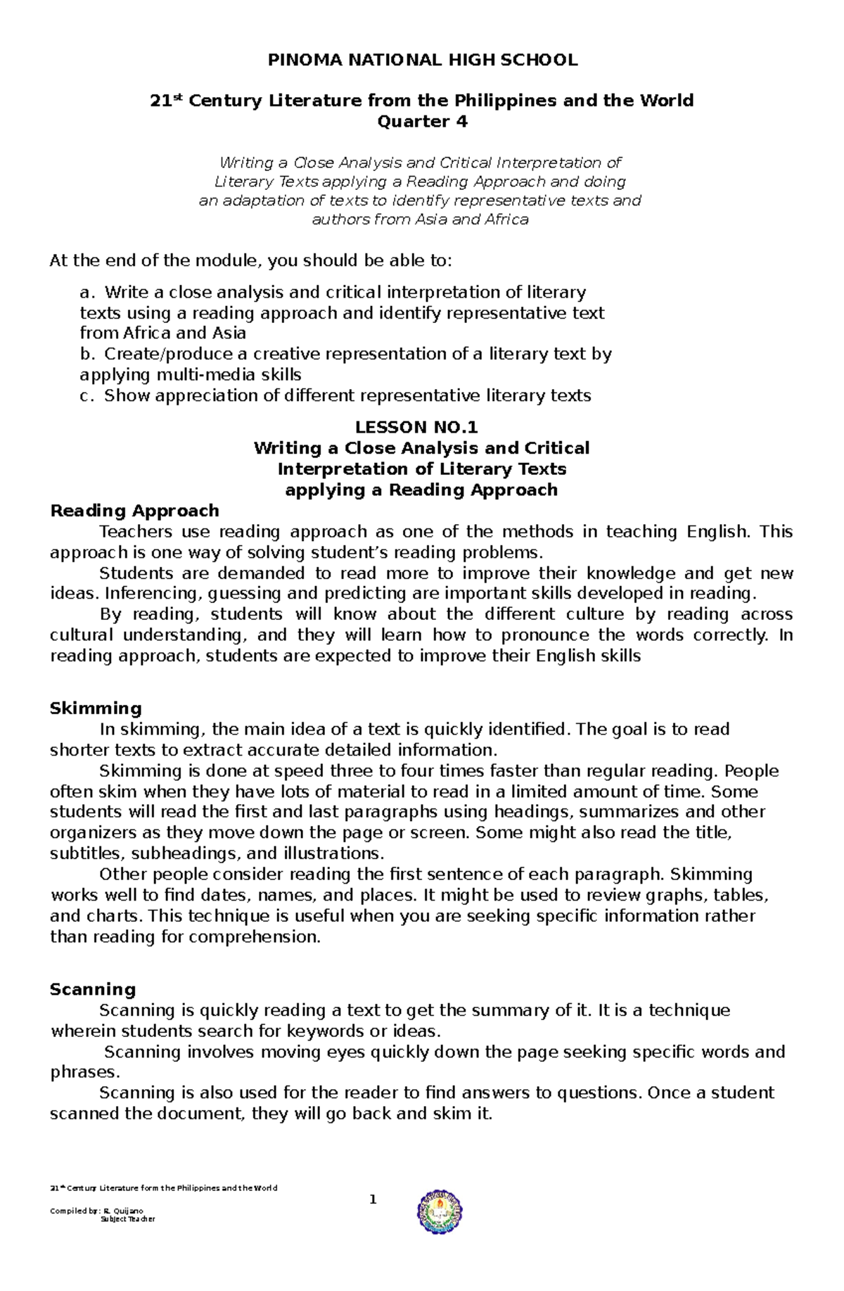 21st Quarter 4 Week 1 to 2 - PINOMA NATIONAL HIGH SCHOOL 21 st Century ...