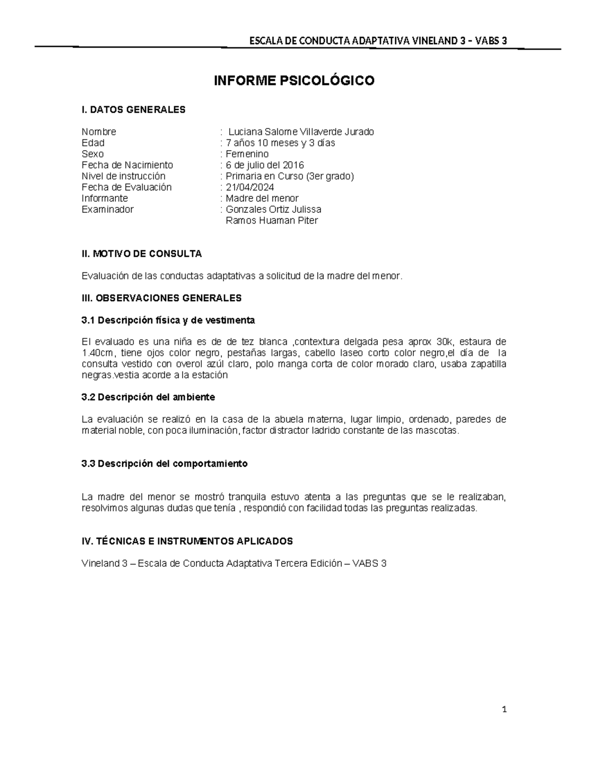 Informe Final Vineland 3 - VABS 3 - ESCALA DE CONDUCTA ADAPTATIVA ...