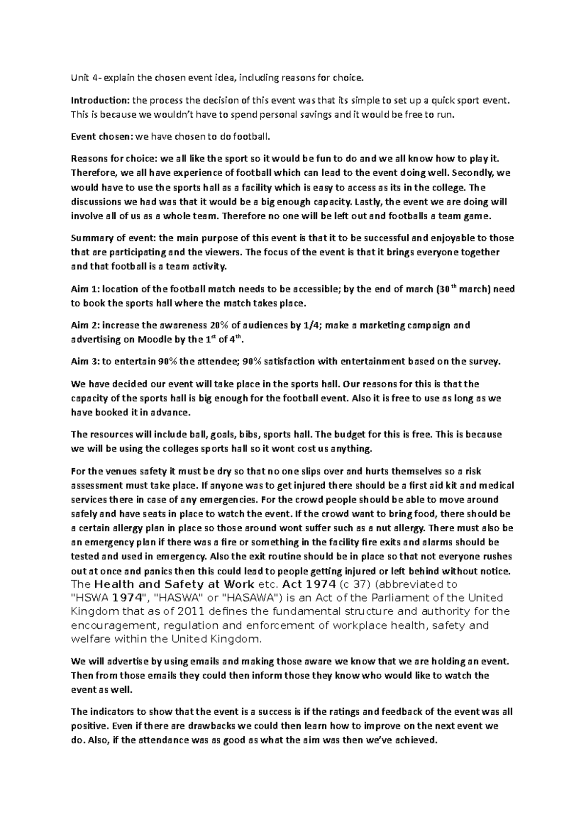 Unit 4 P4 - p4 for unit - Unit 4- explain the chosen event idea ...