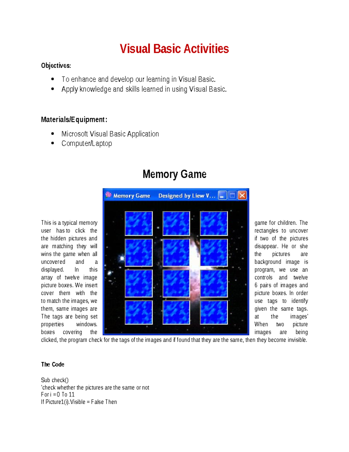 Visual Basic Activities - Visual Basic Activities Objectives: To ...