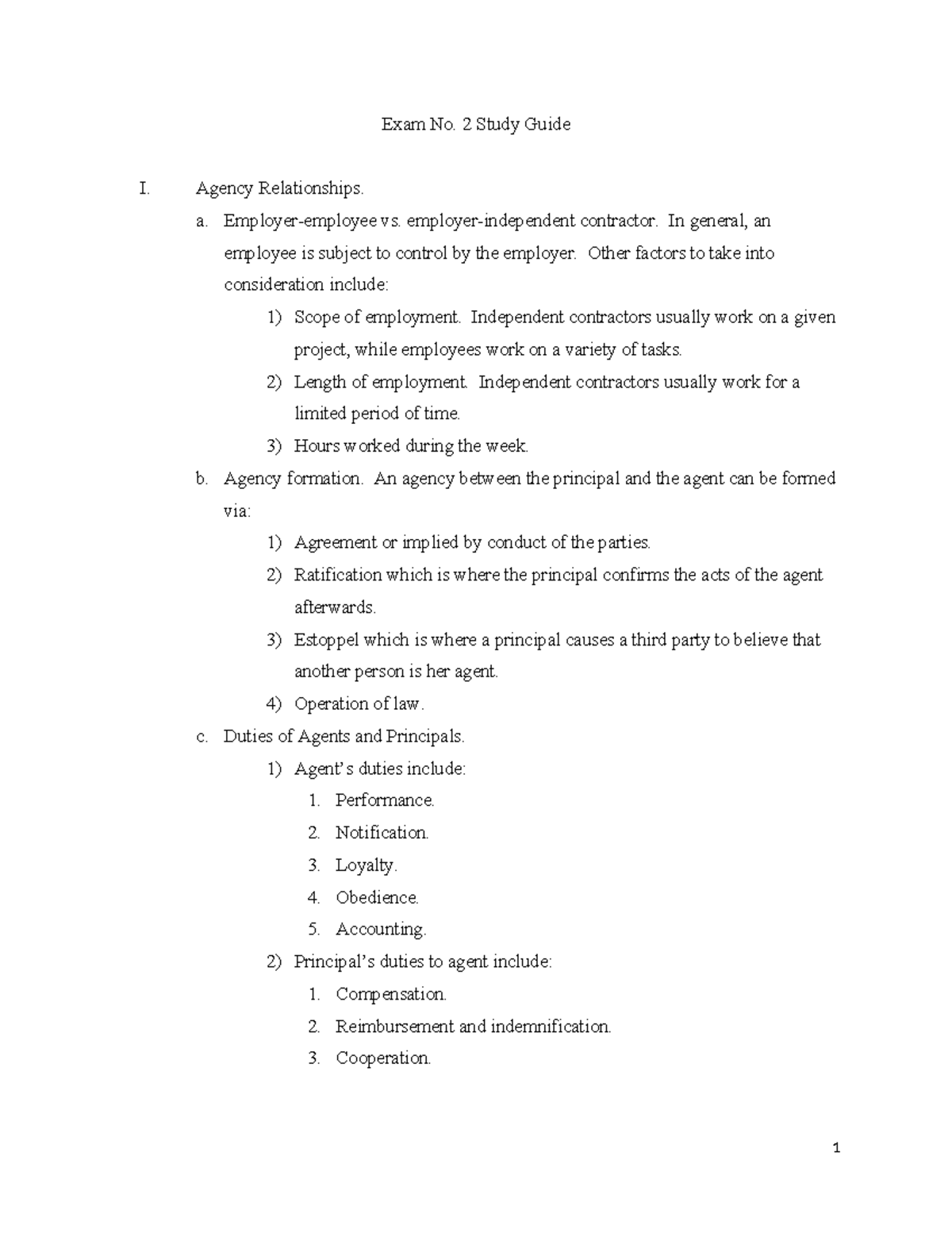 Exam No. 2 Study Guide - Exam No. 2 Study Guide I. Agency Relationships ...