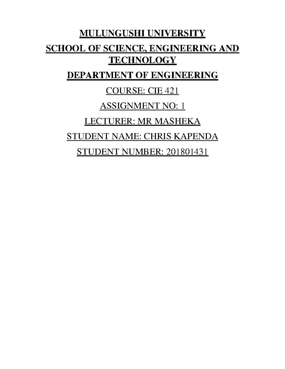 Mulungushi University CIE 421 - MULUNGUSHI UNIVERSITY SCHOOL OF SCIENCE ...