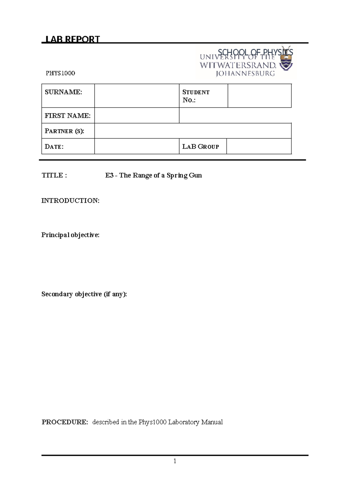 EXP03 - Spring Gun - Lab Report Template - LAB REPORT SCHOOL OF PHYSICS ...