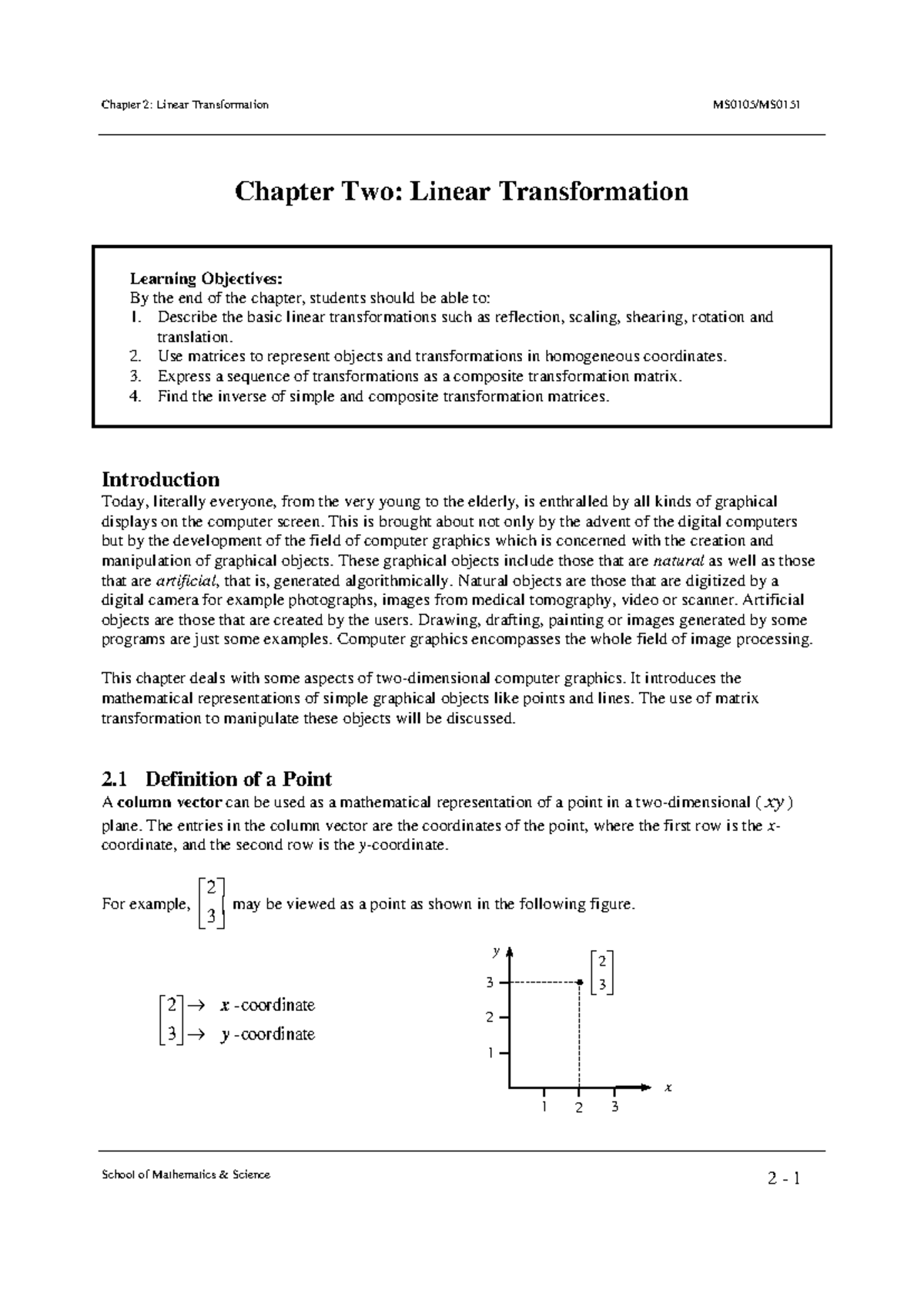 Chapter 2 - Linear Transformation - School of Mathematics & Science 2 - 1 Chapter Two: Linear ...