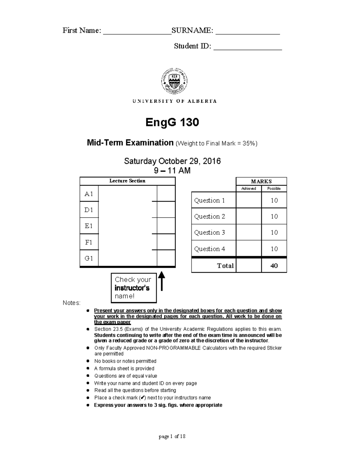 ENGG 130 Fall 2016 midterm exam - First Name: _________________SURNAME ...