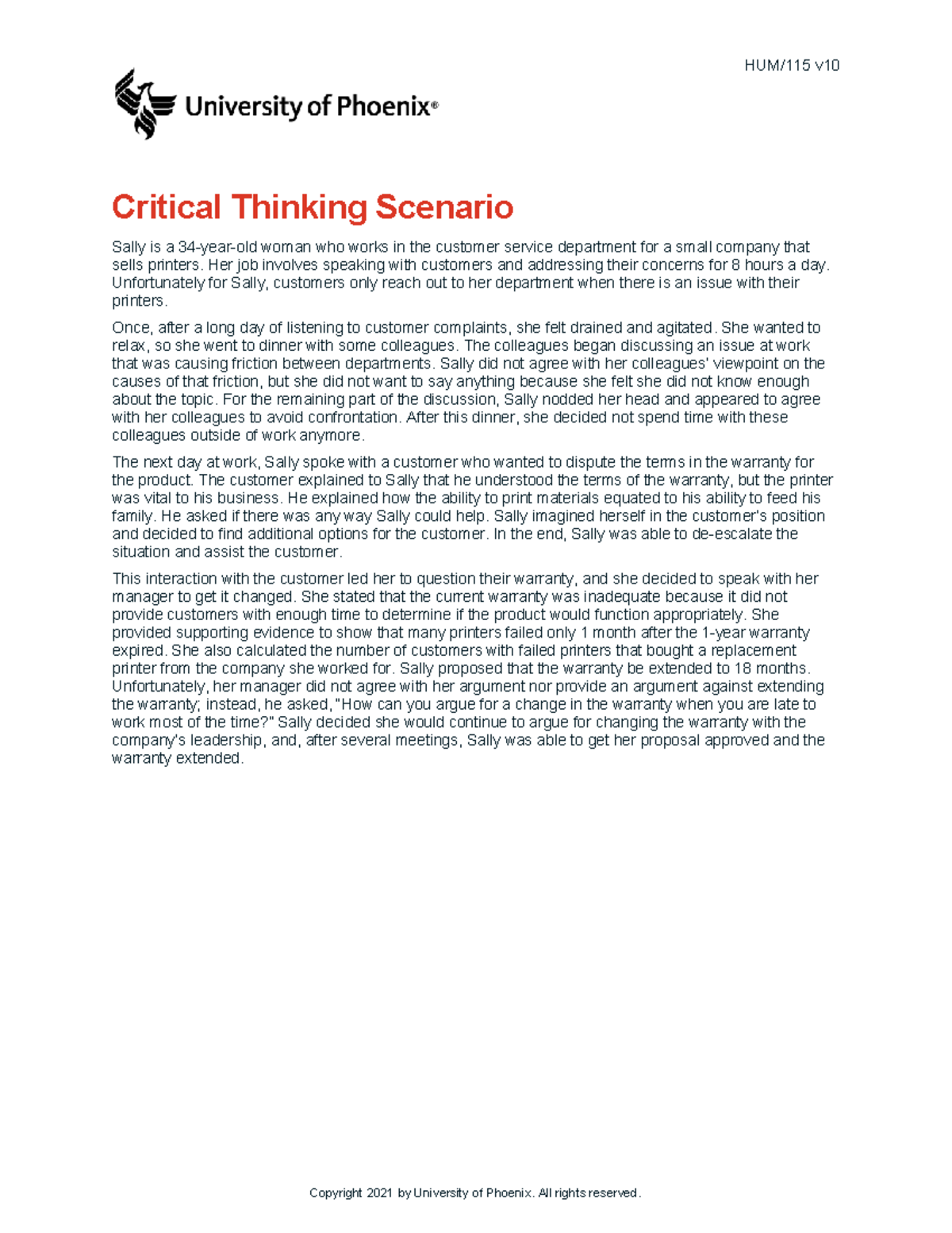 Hum115 v10 wk5 critical thinking scenario - HUM/115 v Critical Thinking ...