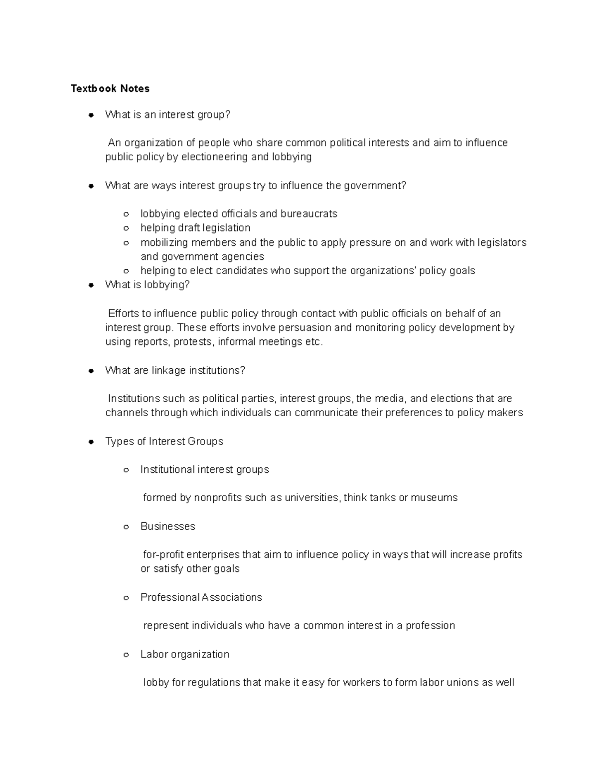 PSC 101 - textbook notes - Textbook Notes What is an interest group? An ...